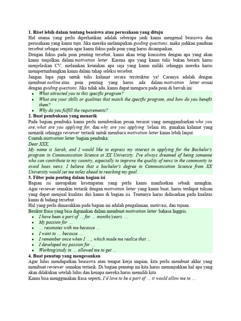 Panduan Menulis Motivation Letter | PDF