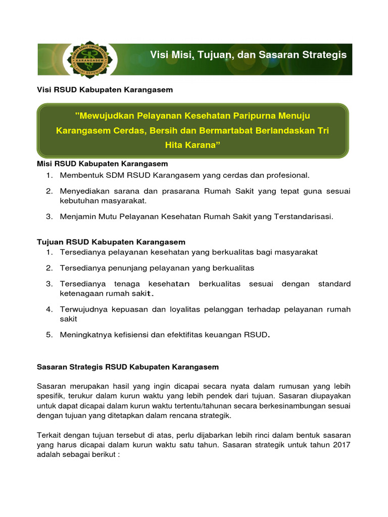 03-04a Contoh Visi, Misi, Tujuan Dan Sasaran Strategis RSUD. Kabupaten ...