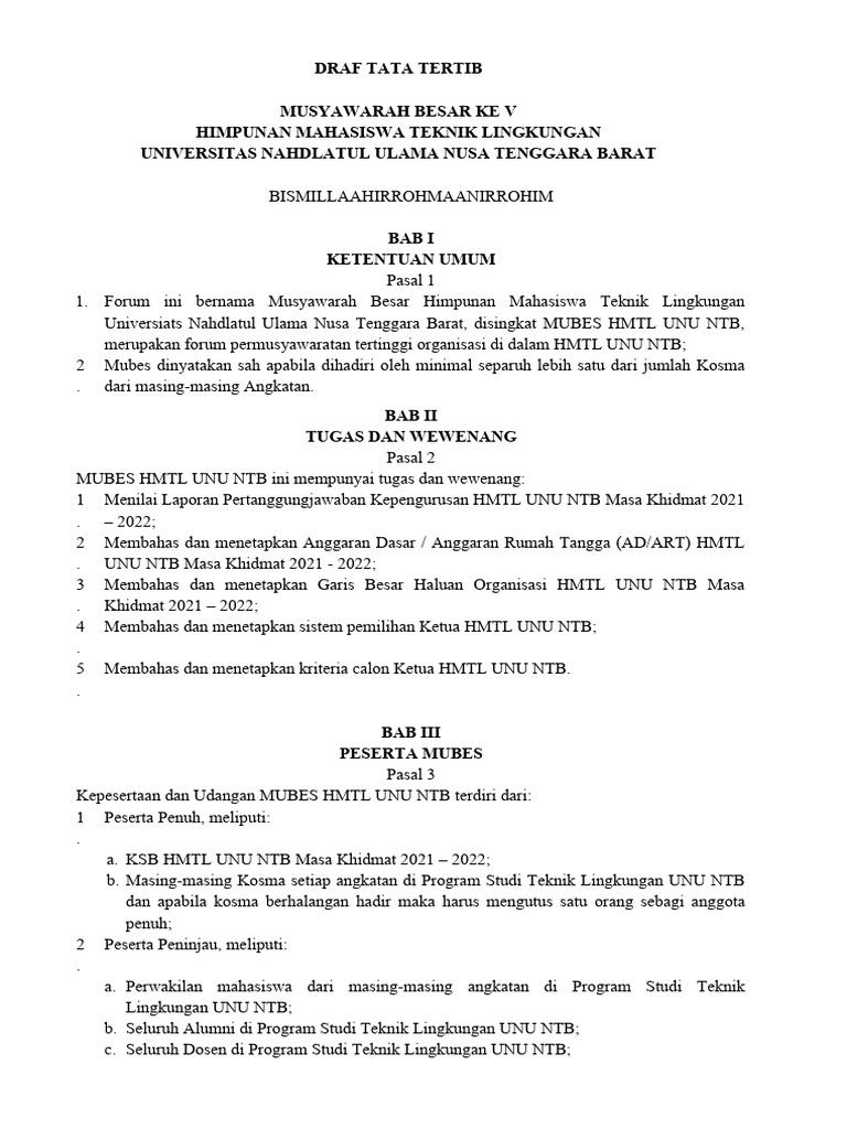 Draft Tata Tertib Musma HMTL Unu NTB 2022 | PDF