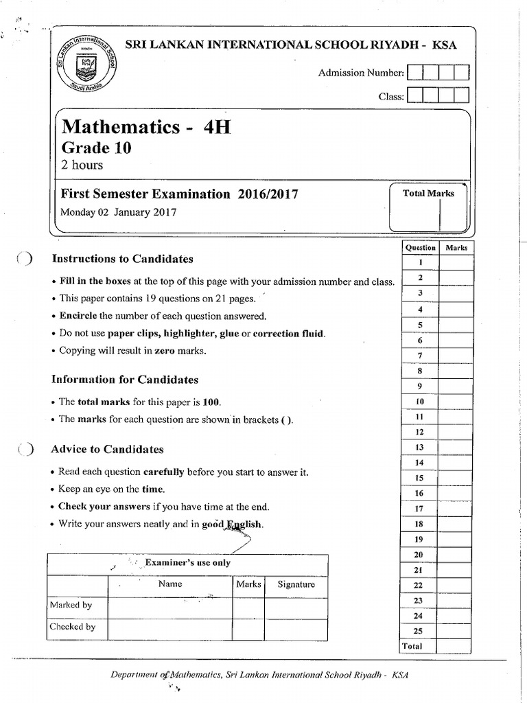 10 Mathematics 1H Sem1 2016 - 17 | PDF