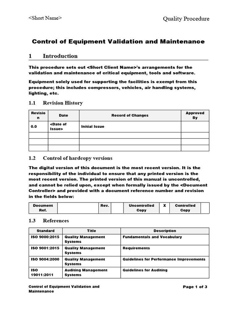 QMS Control of Equipment Validation and Maintenance | PDF | Verification And Validation ...