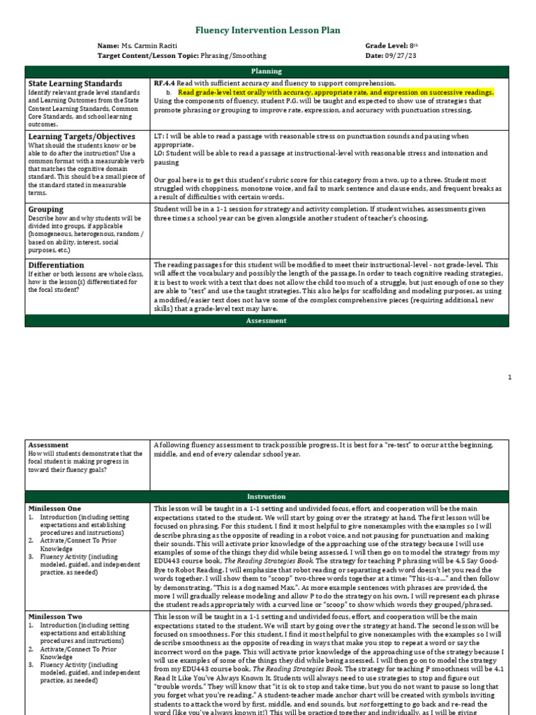 raciti assessing and teaching fluency mini lesson letter | PDF | Reading Comprehension | Fluency