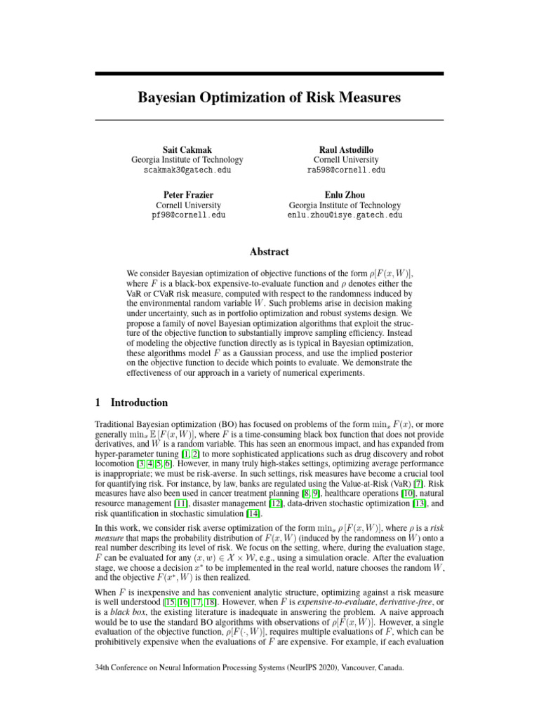 NeurIPS 2020 Bayesian Optimization of Risk Measures Paper | PDF | Mathematical Optimization ...