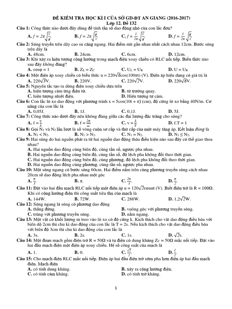 De Thi So - HKI - Li 12 - (2016-2017) | PDF