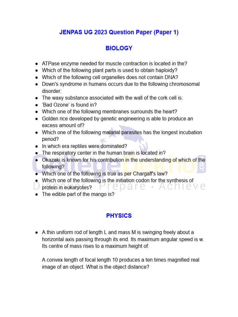 JENPAS UG 2023 Question Paper Overview | PDF