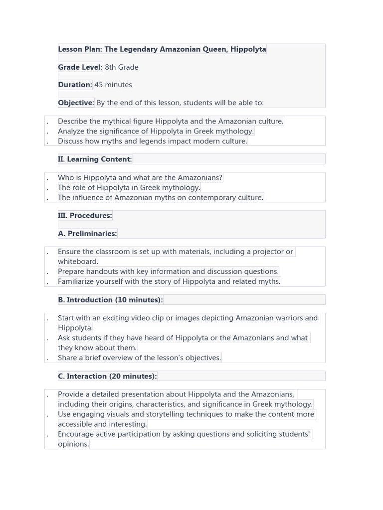 Lesson Plan | PDF | Amazons | Greek Mythology
