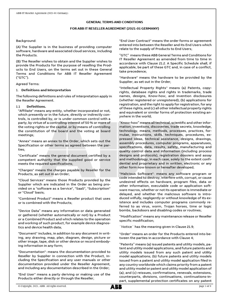 ABB IT Reseller Agreement (2021-01 Germany) | PDF | Invoice | Business