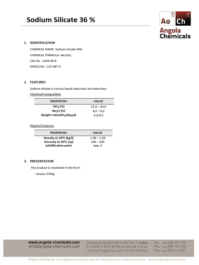 Sodium Silicate 36% - Angola Chemicals | PDF