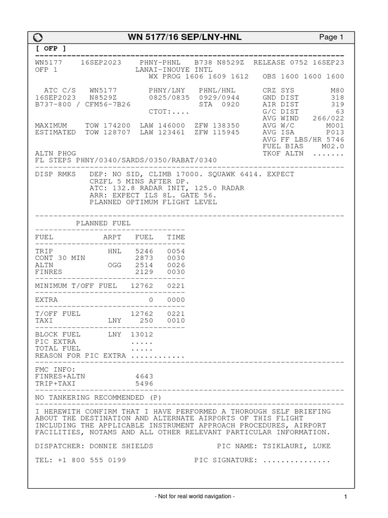 Flight Plan: WN5177 LNY to HNL | PDF