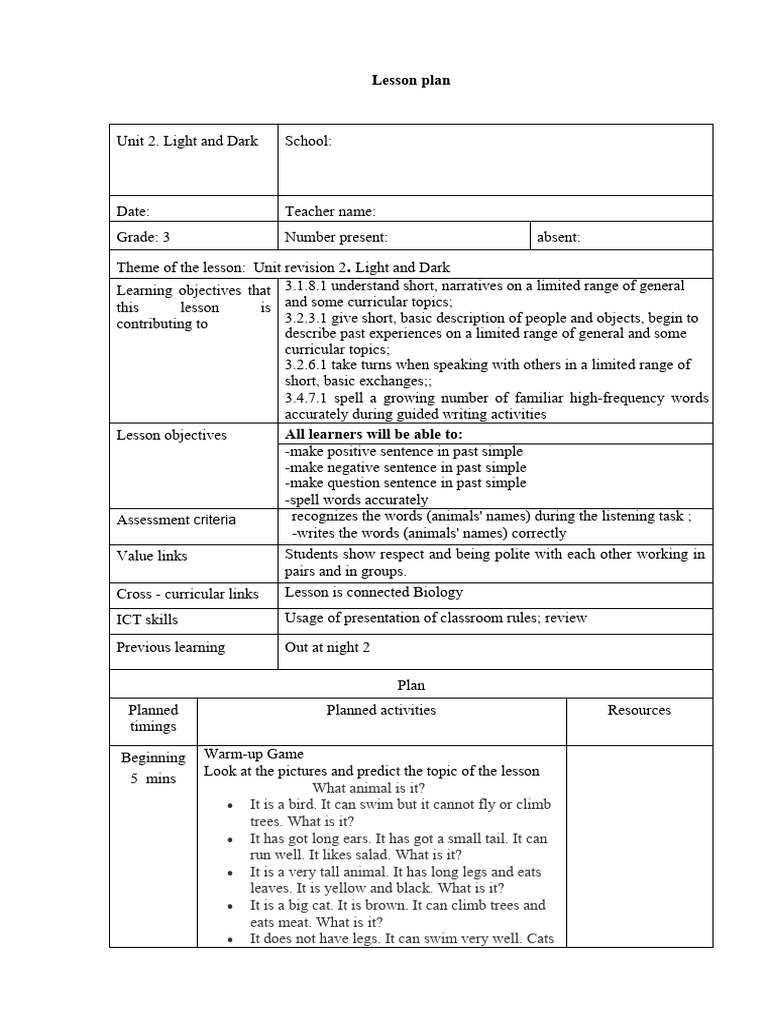 1 - English - Grade 3 - Unit 2. Light & Dark - Revision - LESSON PLAN | PDF