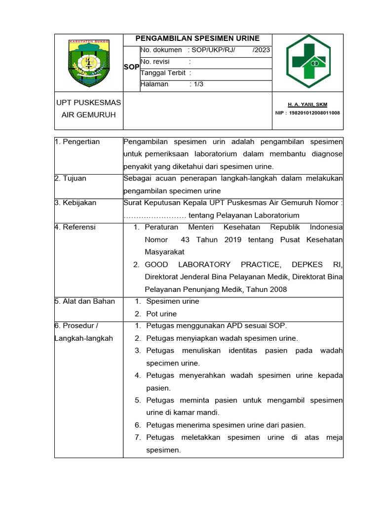 SOP PENGAMBILAN SPESIMEN URINE Fix | PDF