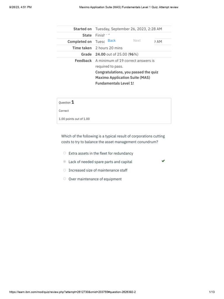 Maximo Application Suite Mas Fundamentals Level 1 Quiz Pdf
