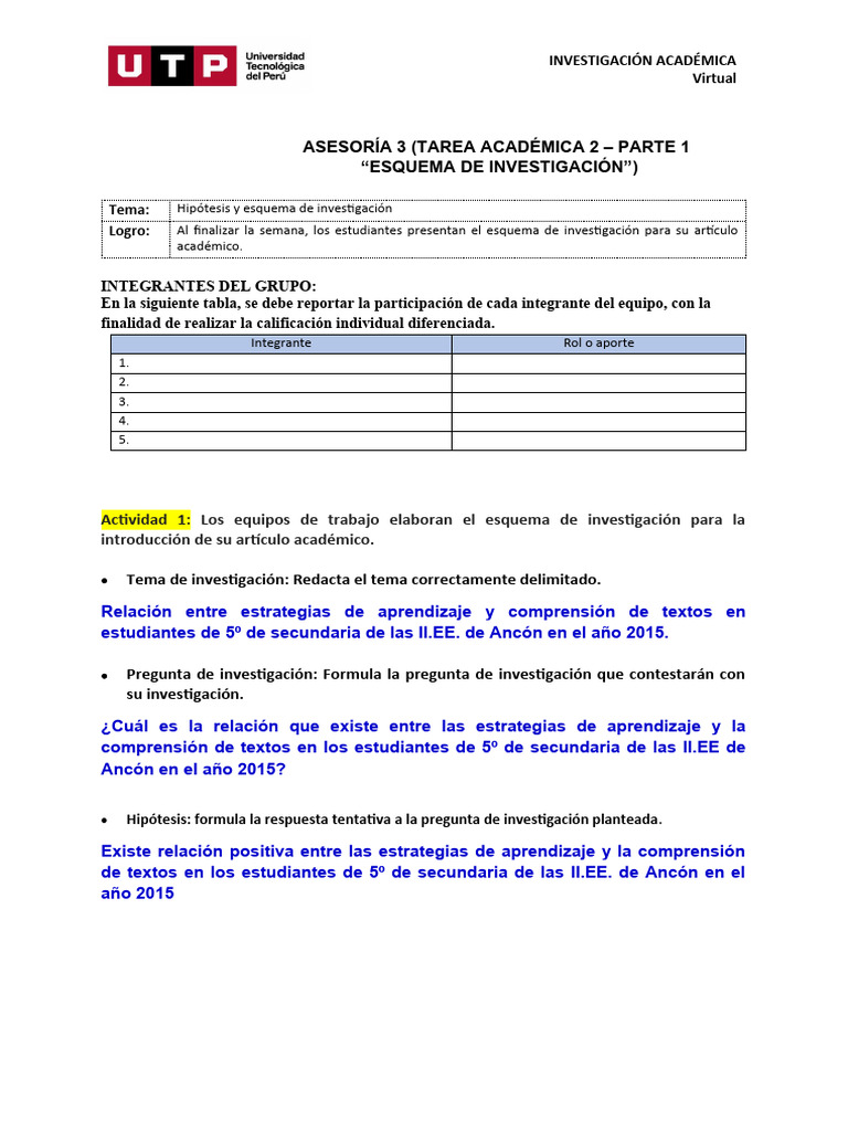MODELO. Asesoría 3 (Tarea Académica 2 - Parte 1 - Esquema de Investigación) | PDF
