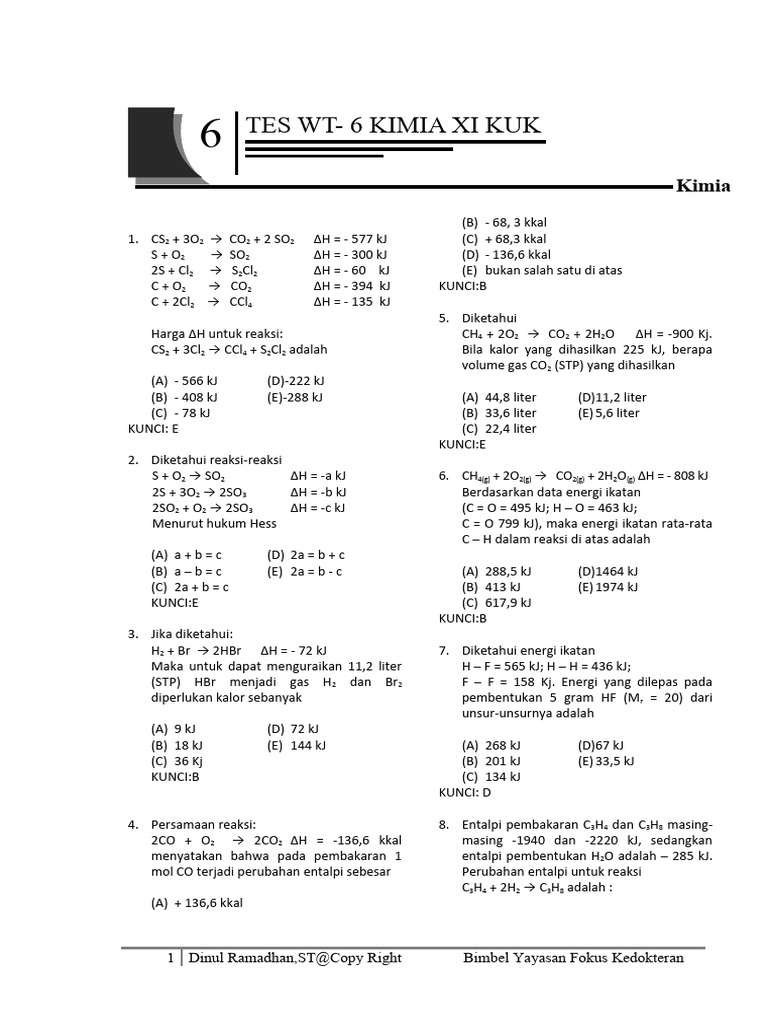 Soal Tes Kimia wt-6 XI KUK | PDF | Sains & Matematika