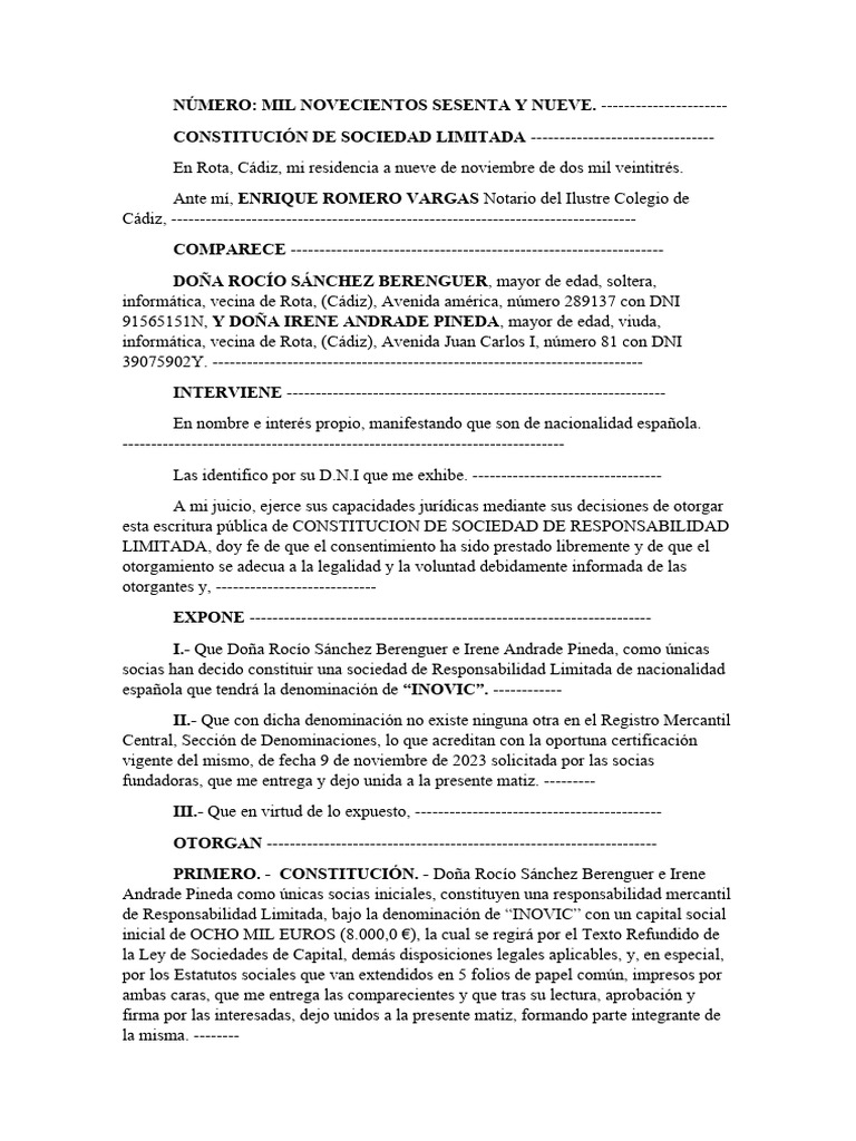 Constitución de Sociedad Limitada INOVIC | PDF | Negocios | Finanzas y ...