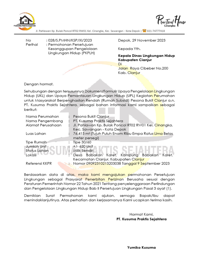 Surat Permohonan Persetujuan Kesanggupan Pengelolaan Lingkungan Hidup ...