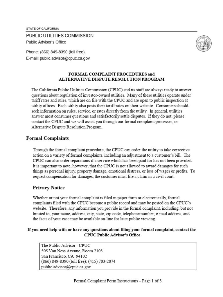 Formal Complaint Directions and Form 091214 Word | Download Free PDF ...
