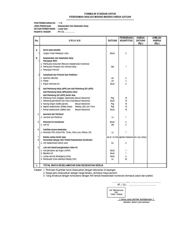 BOQ K3 Peningkatan Jalan Hasanuddin Jalan H. Rais A. Rahman Jalan Husein Hamzah | PDF