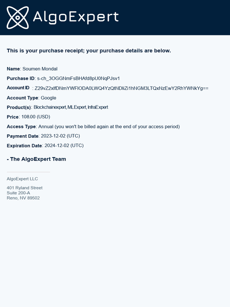 AlgoExpert Receipt | PDF