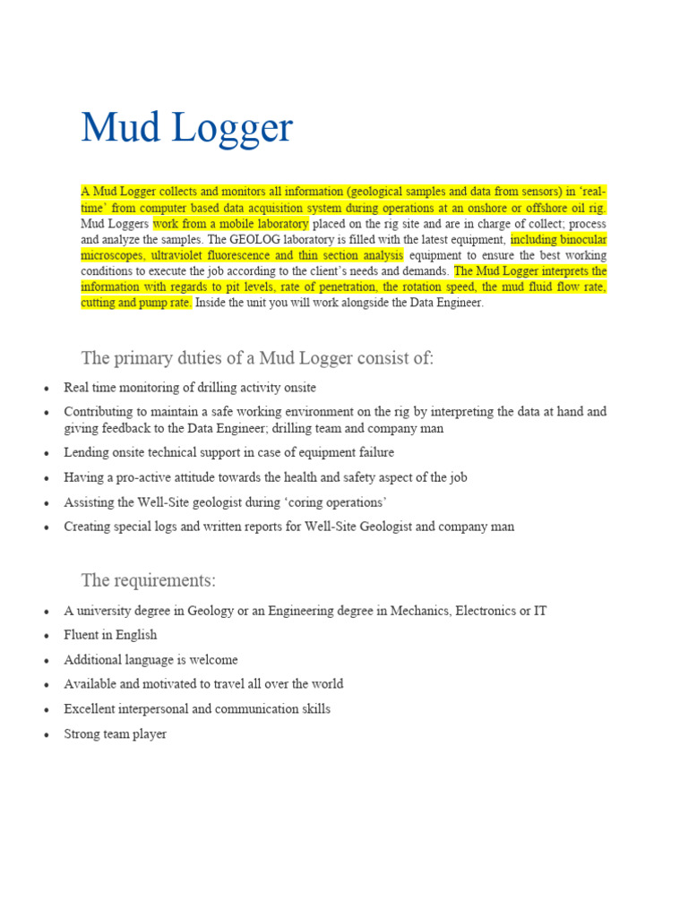 Mud Logger | PDF | Drilling Rig | Geology