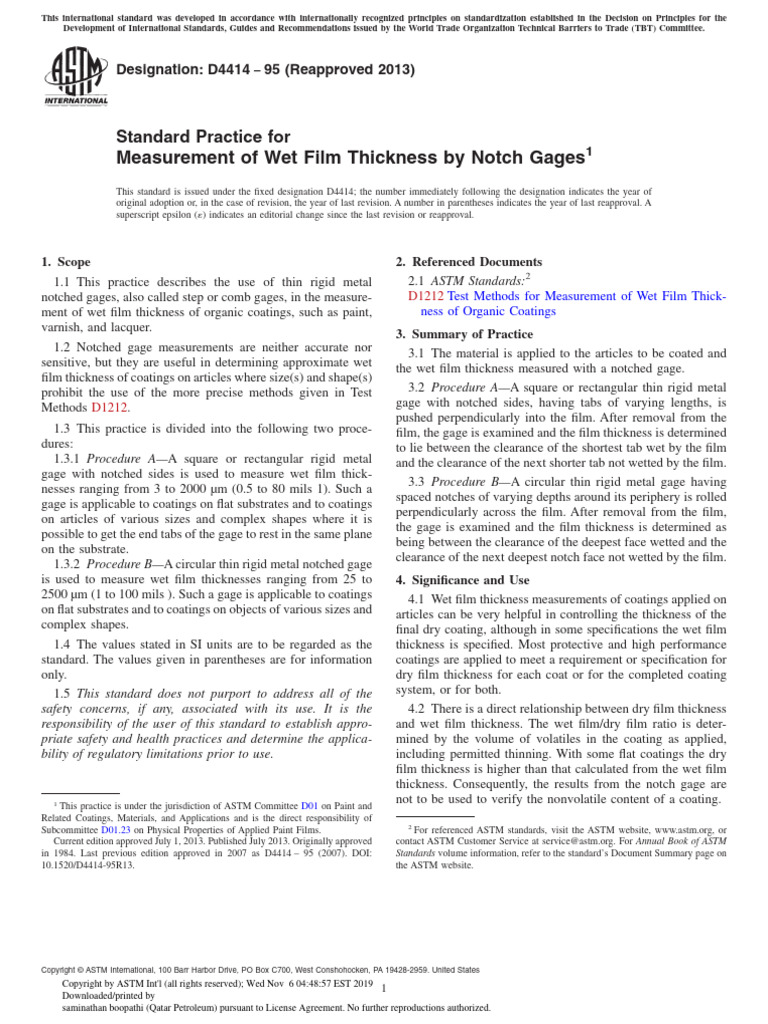 ASTM D4414-95 Standard Practice For Measurement of Wet Film Thickness ...
