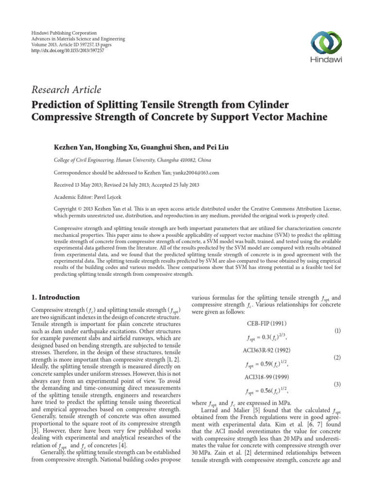 Prediction Of Splitting Tensile Strength From Cylinder Compressive Strength Of Concrete By
