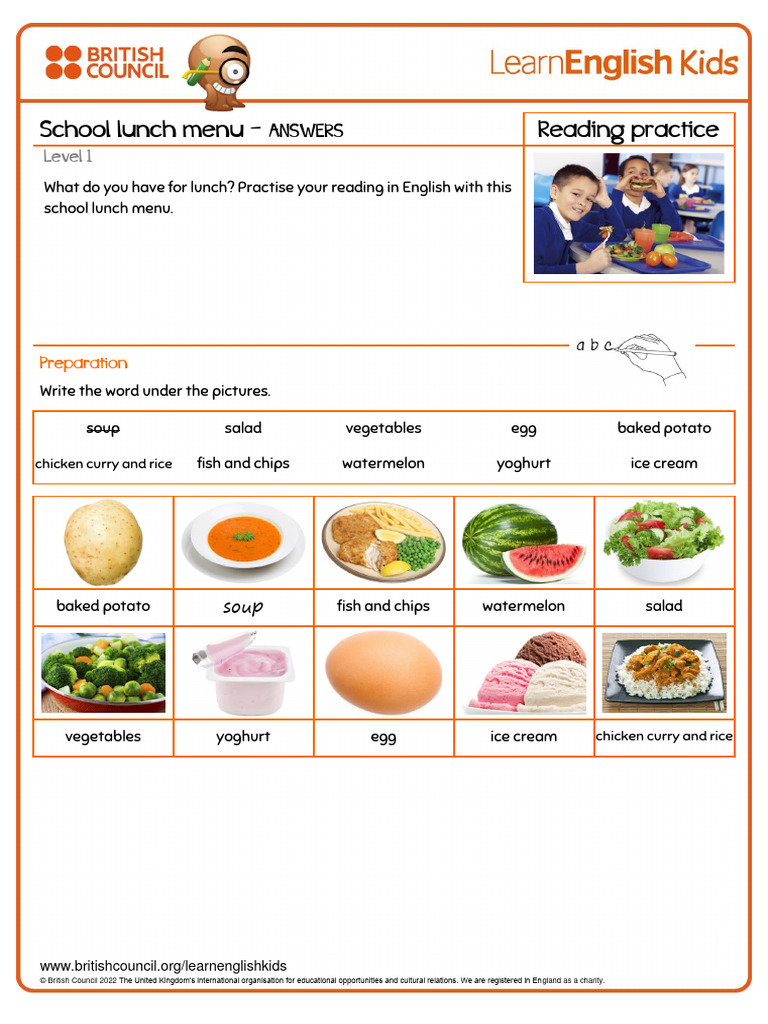 Reading Practice School Lunch Menu Answers | PDF | Lunch | Soup