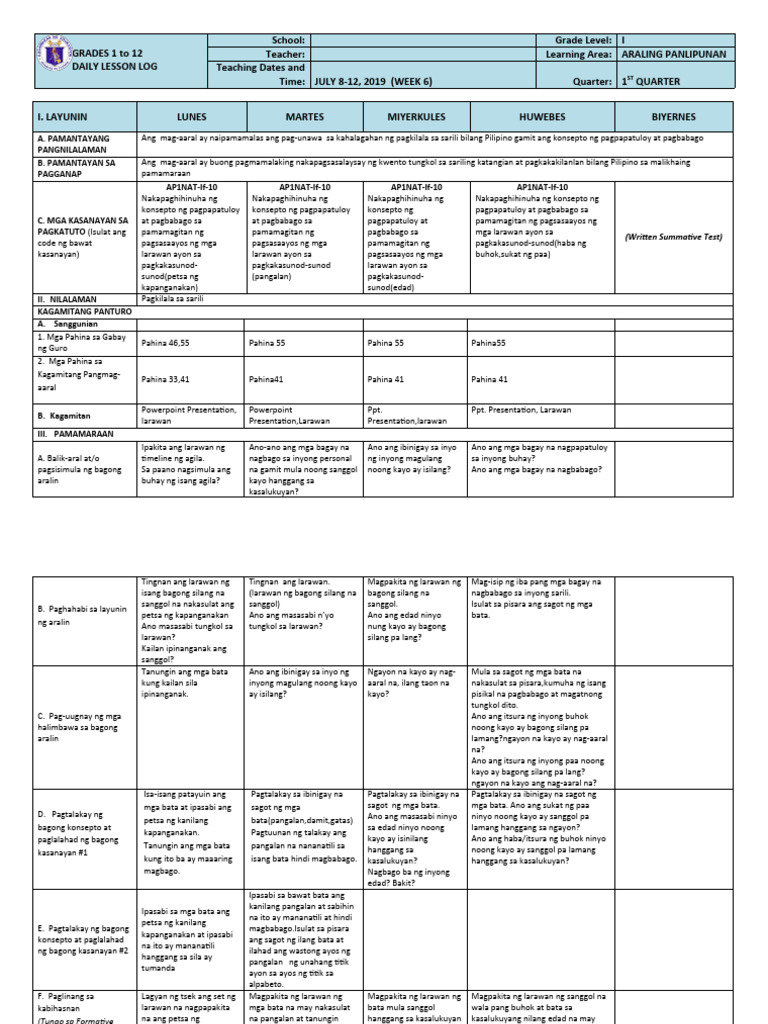 Araling Panlipunan 1 - Q1 - W6 DLL | PDF