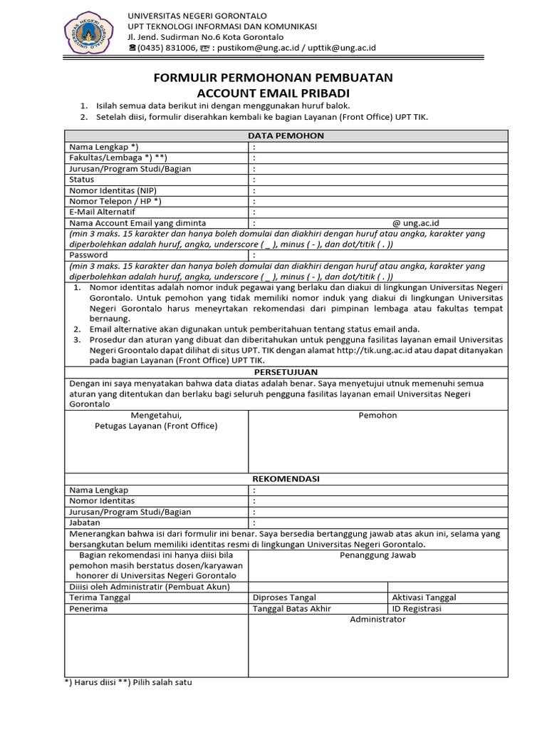 Formulir Permohonan Pembuatan Email Pribadi | PDF