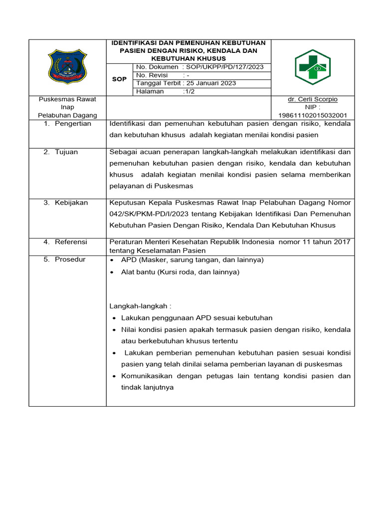 Sop Identifikasi Dan Pemenuhan Kebutuhan Pasien Dengan Risiko, Kendala Dan Kebutuhan Khusus ...