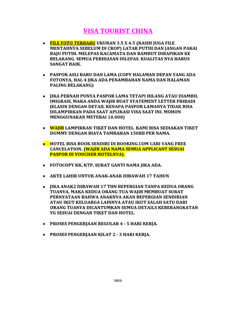 Checklist Visa Tourist China | PDF