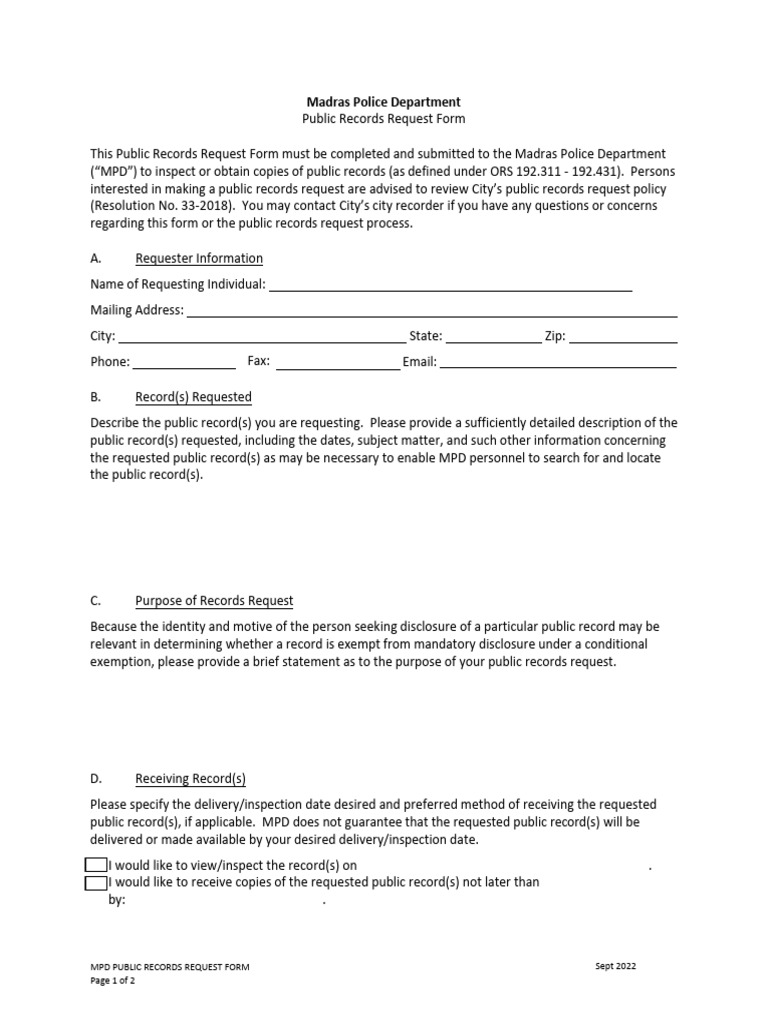MPD Public Records Request Form | Download Free PDF | Discovery (Law) | Fax
