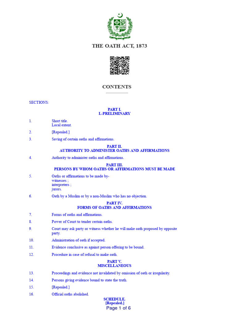The Oaths Act, 1873 (X of 1873) | PDF