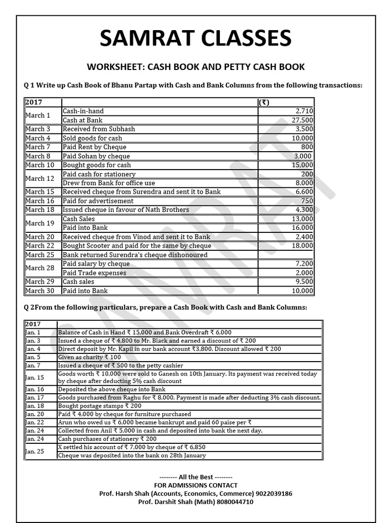 Cash and Petty Cash Book Exercises | PDF | Cheque | Payments