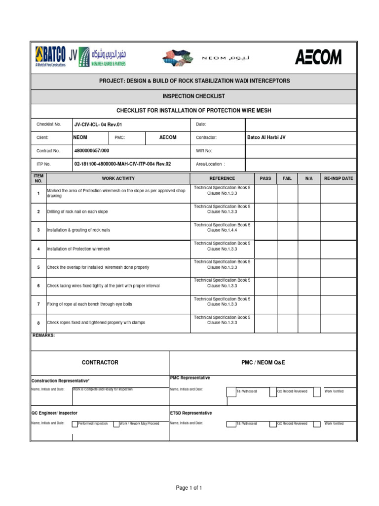 Wire Mesh Installation Inspection Checklist | PDF