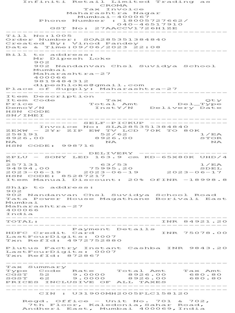 Sony LED TV Invoice Details | PDF