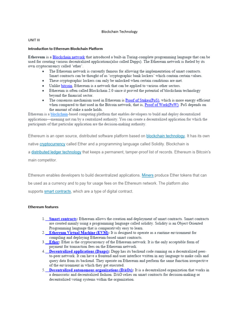 Introduction To Ethereum Blockchain Platform | PDF