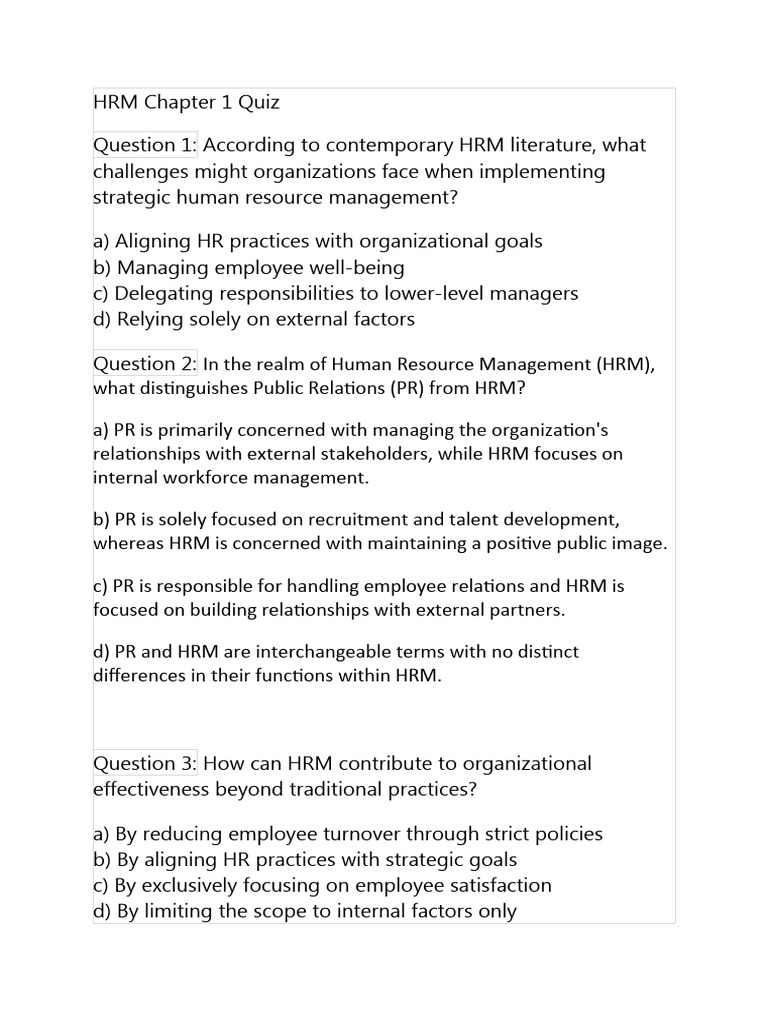 HRM Chapter 1 Quiz | PDF | Human Resource Management | Human Resources