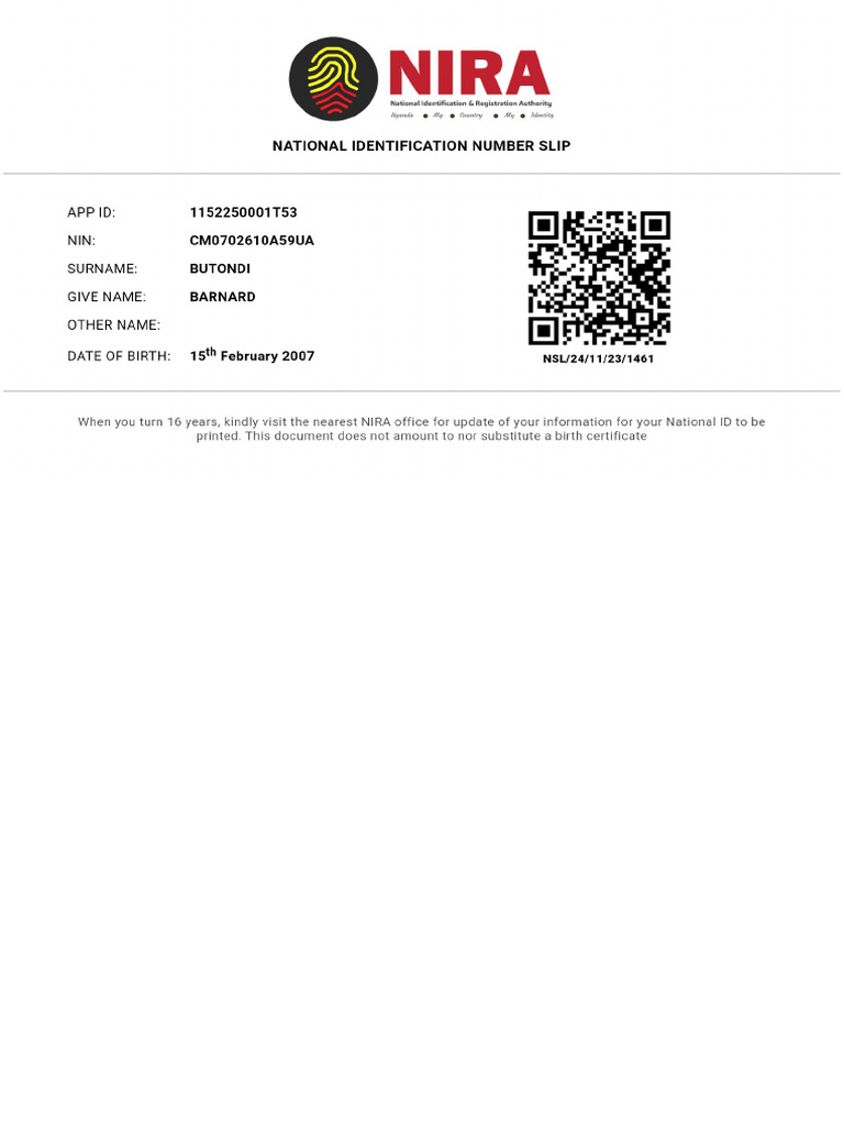 Butondi Barnard's NIN Slip | PDF