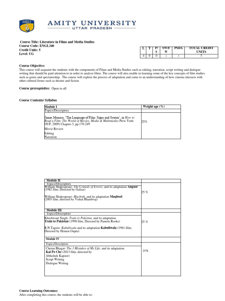 Literature in Films and Media Studies Syllabus | PDF | Learning ...