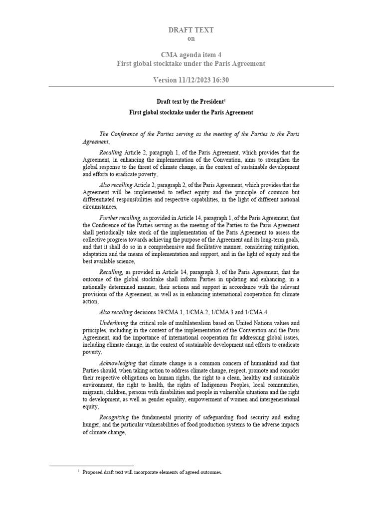 First Global Stocktake Under Paris Agreement | PDF | Climate Change ...