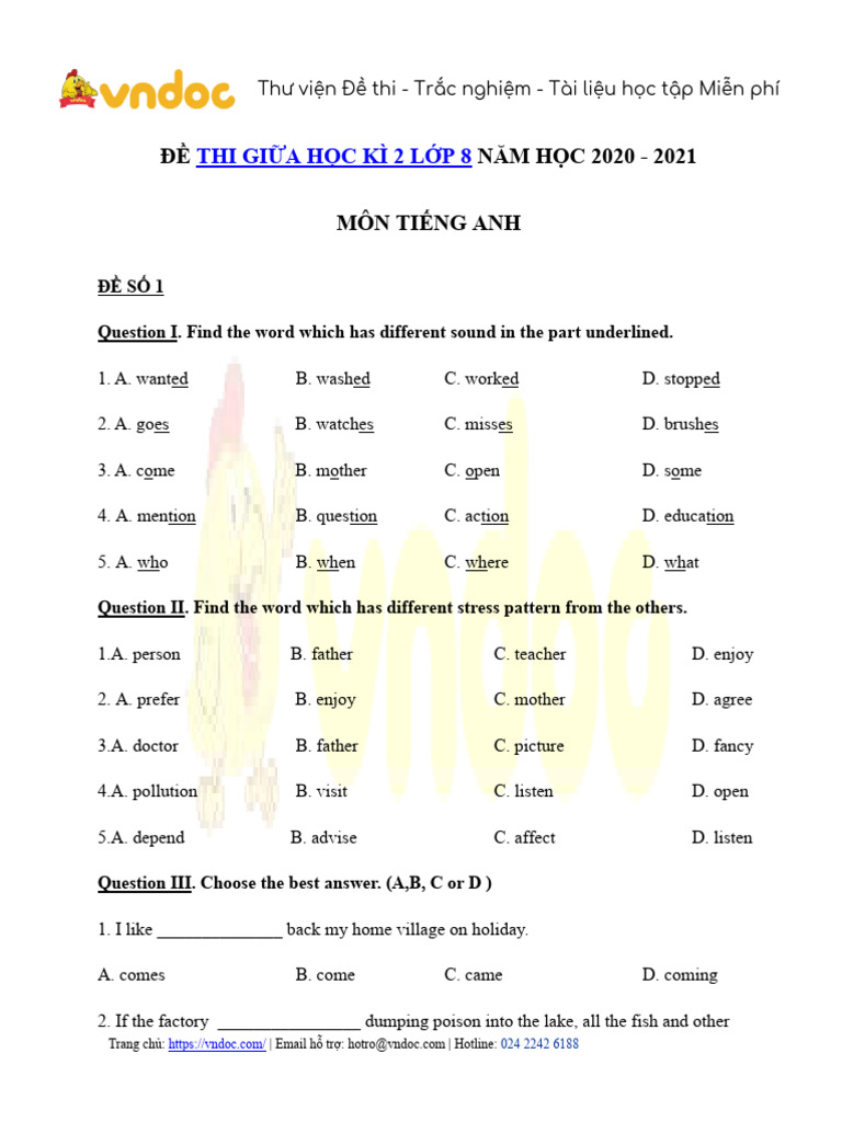 Bo de Thi Giua Hoc Ki 2 Lop 8 Mon Tieng Anh Nam 2021 | PDF | Pollution | Water