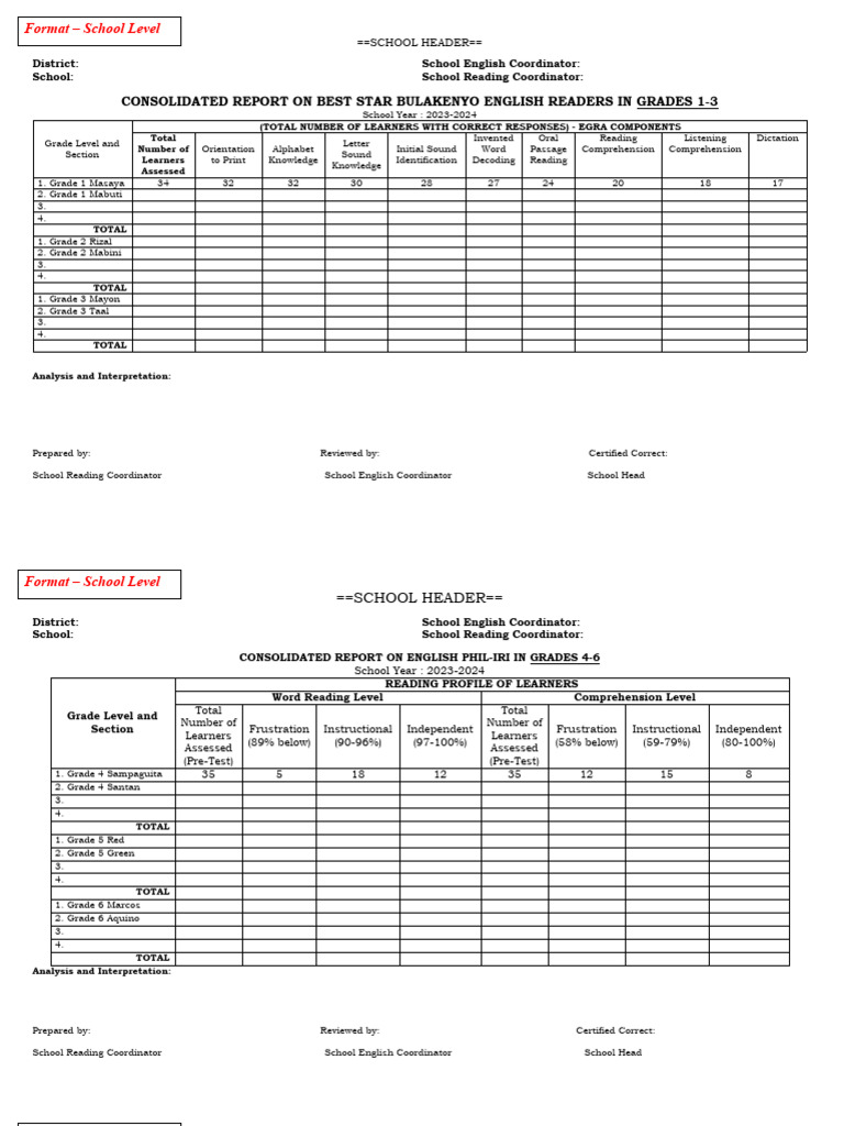 School Report On English Reading Assessment Grades 1 6 | PDF