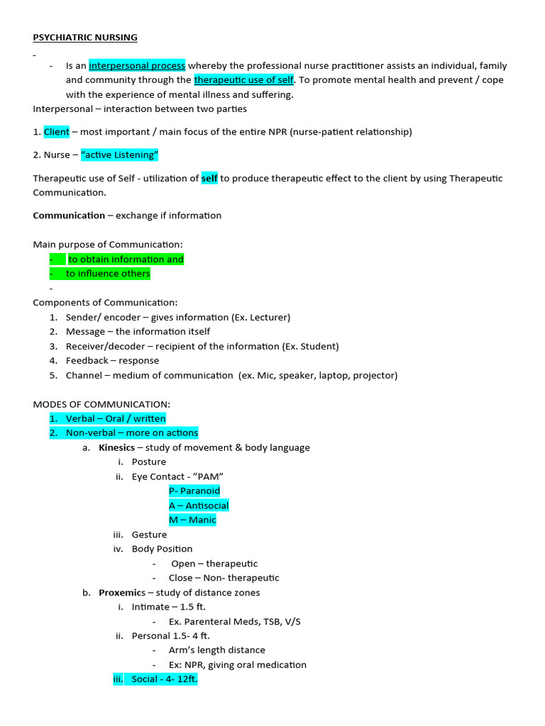 Psychiatric Nursing Notes | PDF | Communication | Psychotherapy