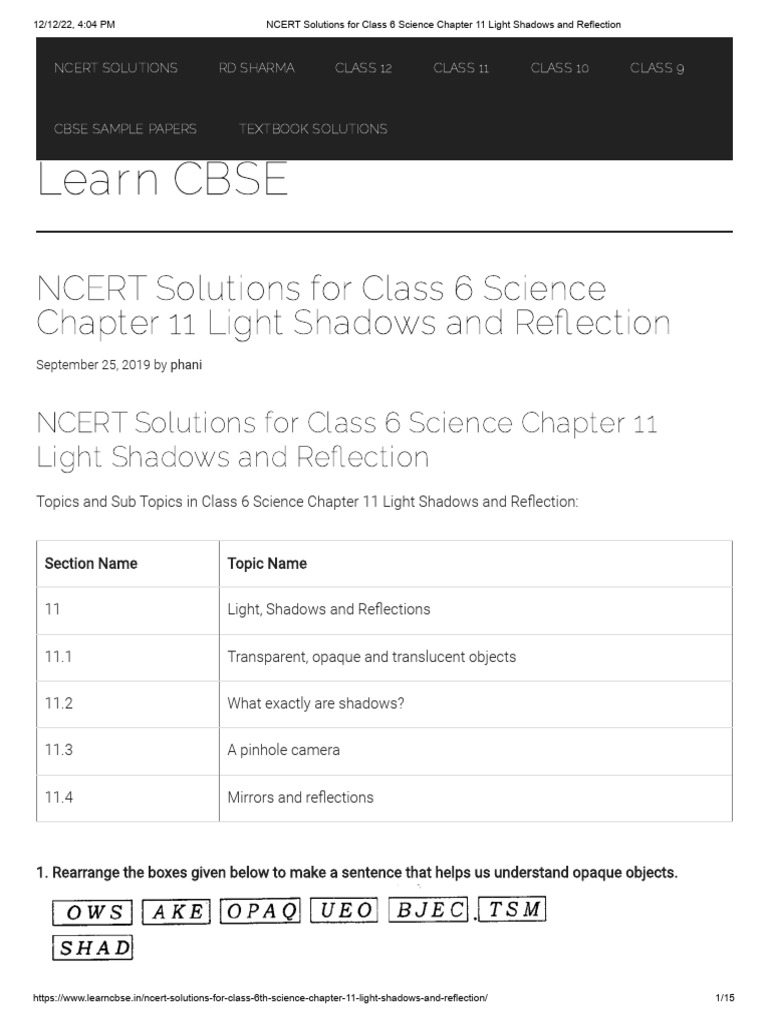 NCERT Solutions For Class 6 Science Chapter 11 Light Shadows and ...