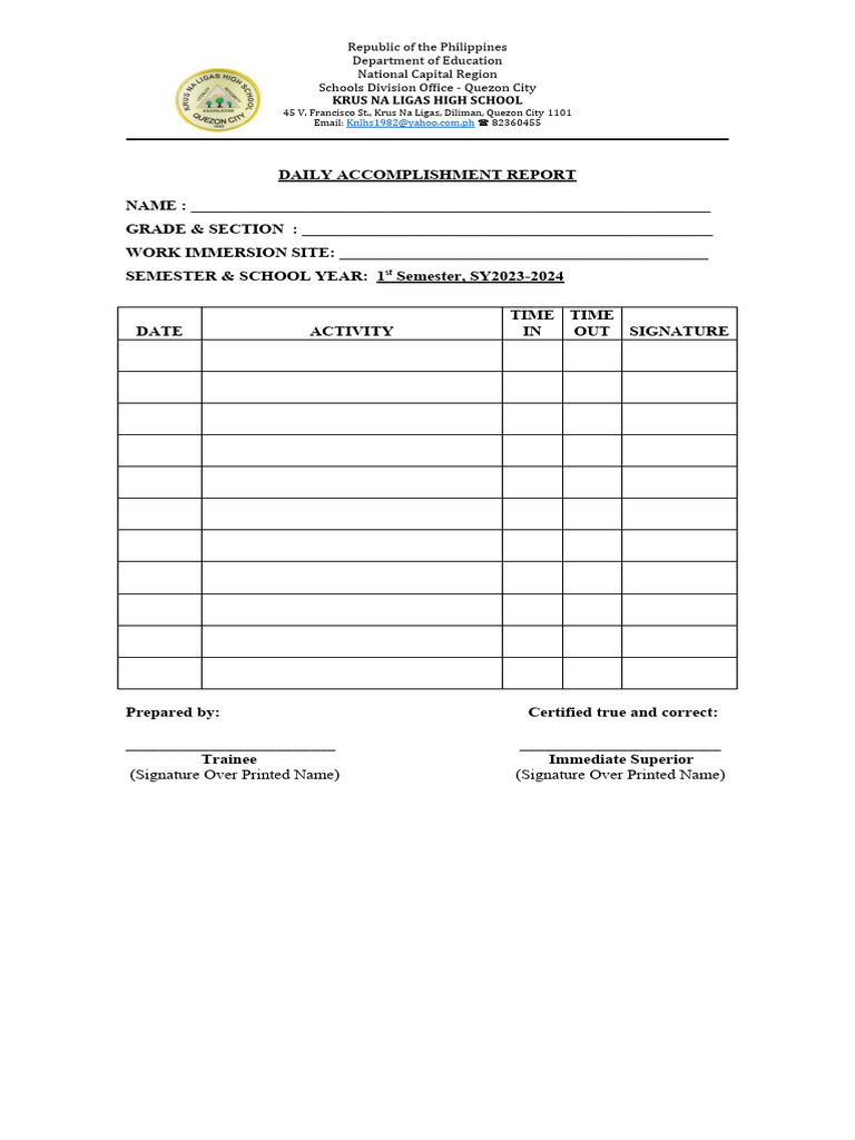 Work Immersion Daily Accomplishment Report | PDF