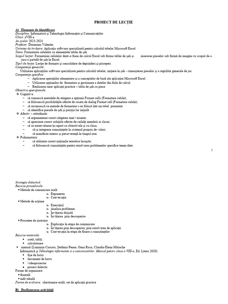 Proiect de Lectie Formatarea Celulelor | PDF