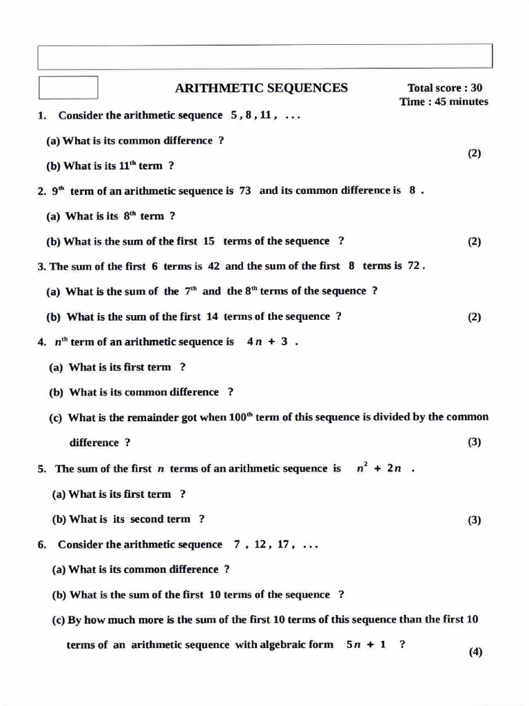 Arithmetic Sequence Practice Test | PDF