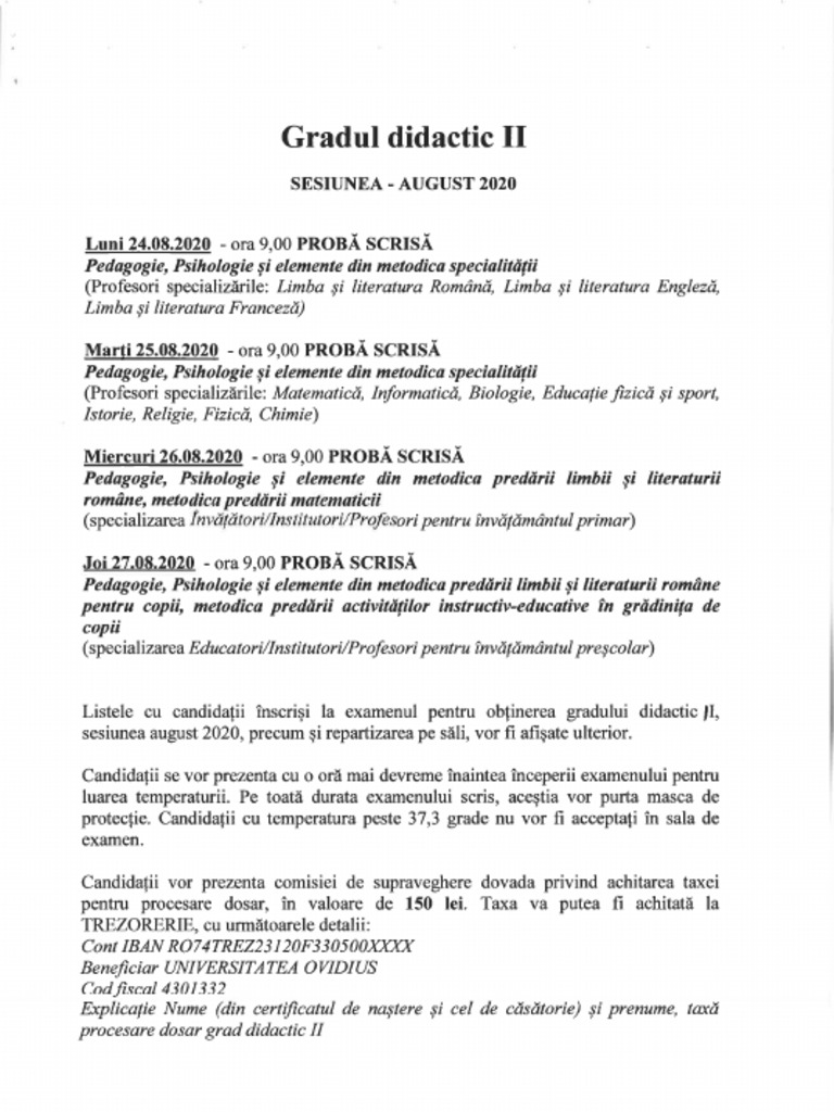 Informare Sustinere Examen Gradul 2 - August 2020 | PDF