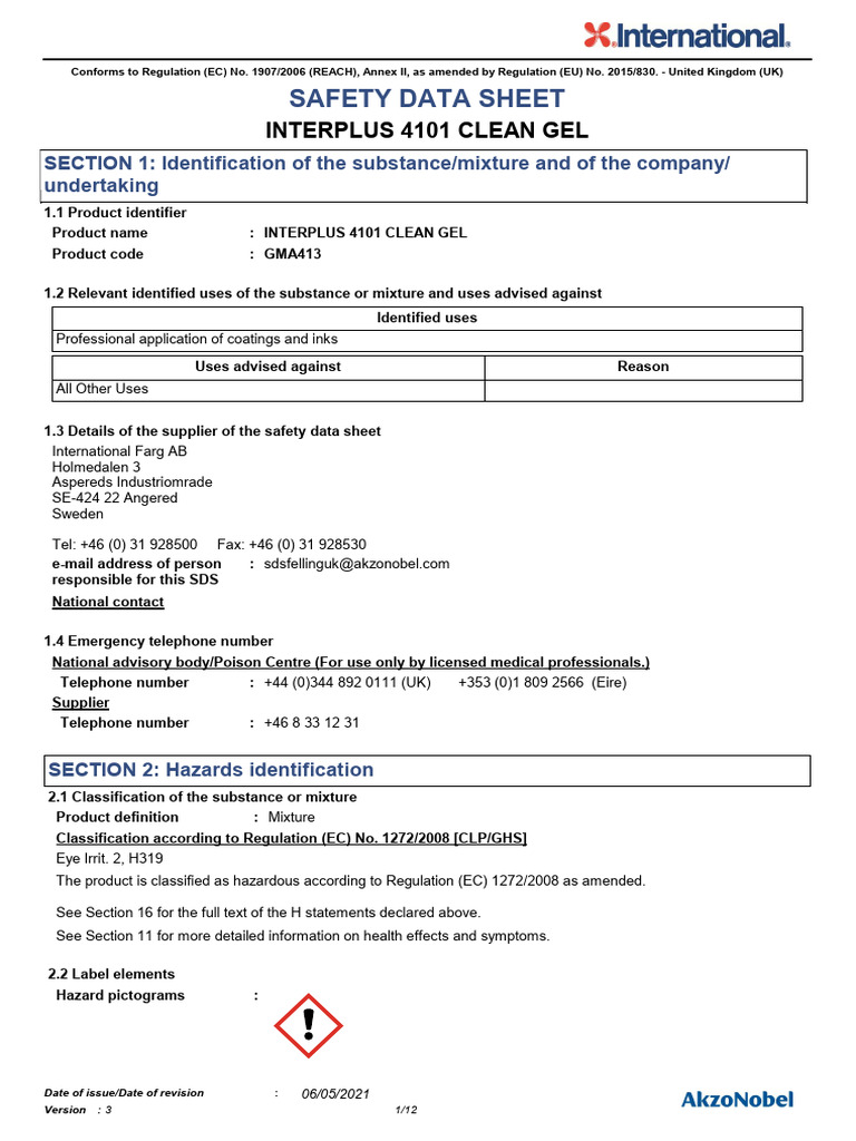 INTERPLUS 4101 Clean Gel Safety Data | PDF